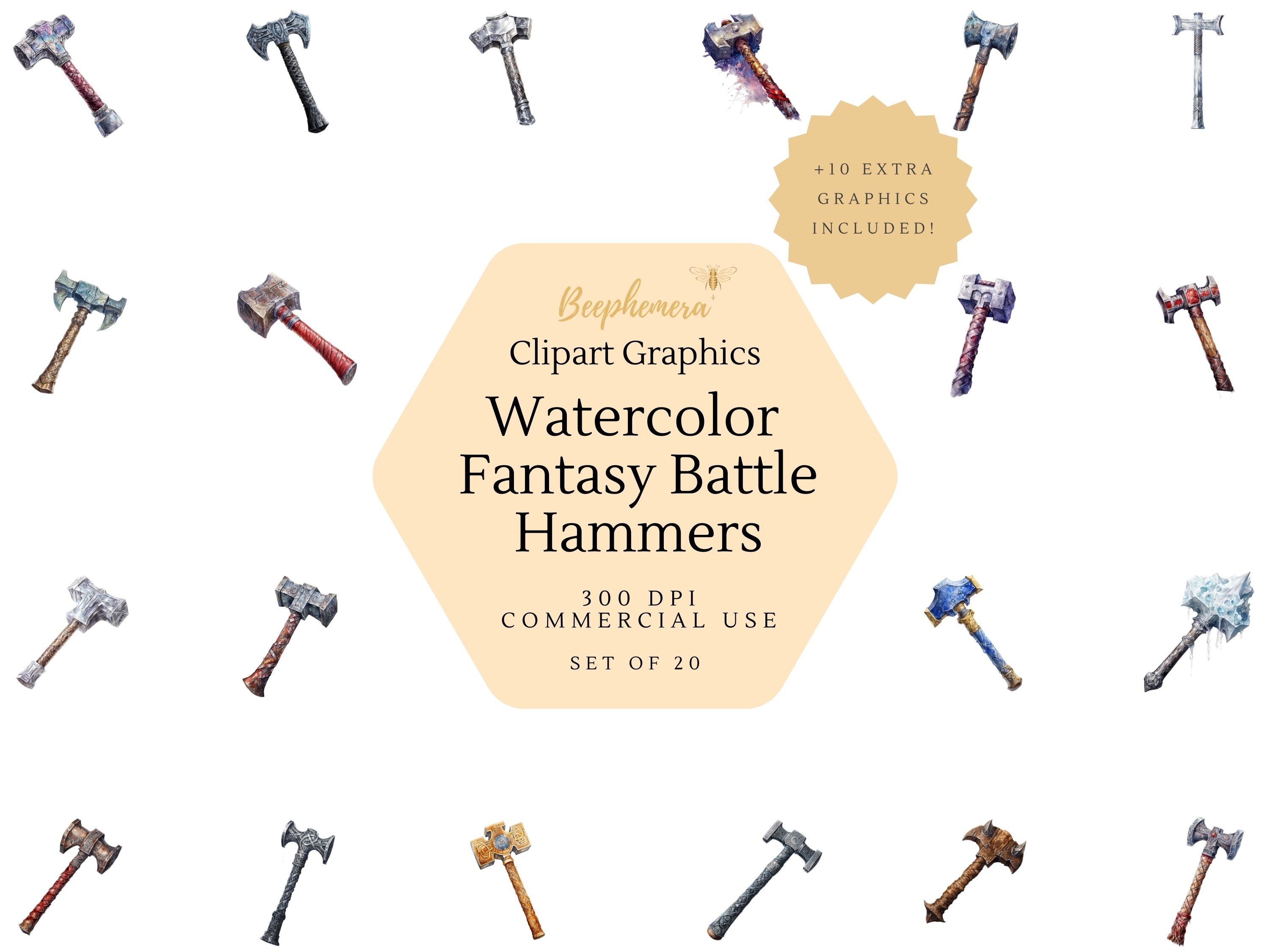 Watercolor Fantasy Battle Hammer Clipart Magical Mace Weapon Clip Art ...