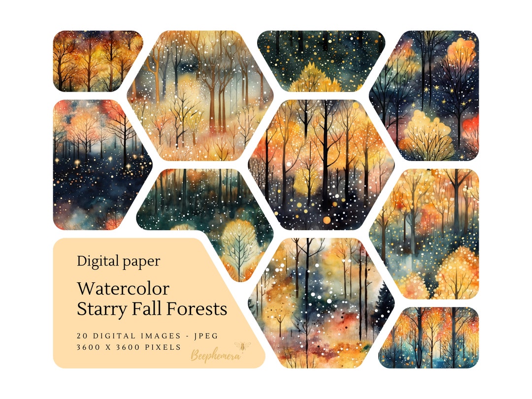 Watercolor Starry Fall Forests Digital Paper Seamless and Autumn-themed ...