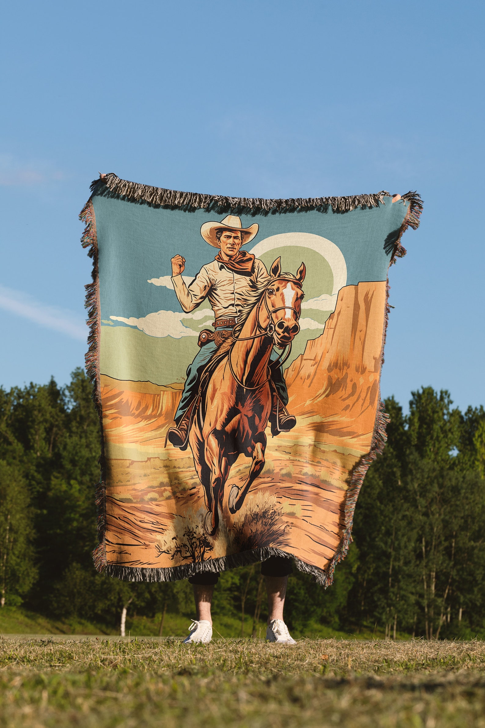 Cowboy Riding Wild Horse Woven Blanket - Western Art Gift for Him ...