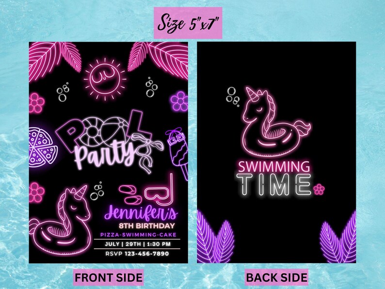 Neon Pool Party Invitation Girl, Editable Unicorn Summer Invite, Glow ...