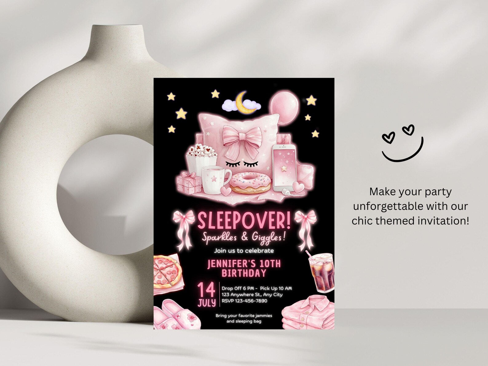 Sleepover Birthday Invitation Girl, Sleepover Invitation Teen, Neon ...