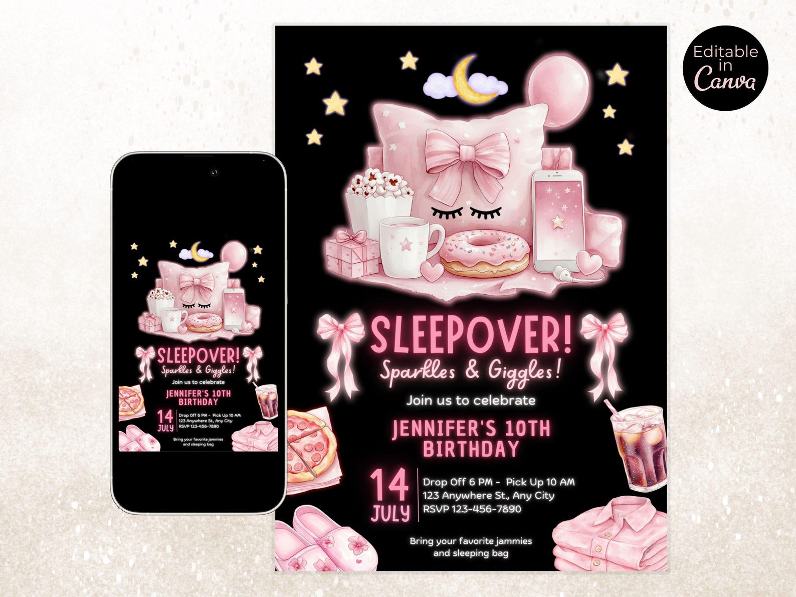 Sleepover Birthday Invitation Girl, Sleepover Invitation Teen, Neon ...