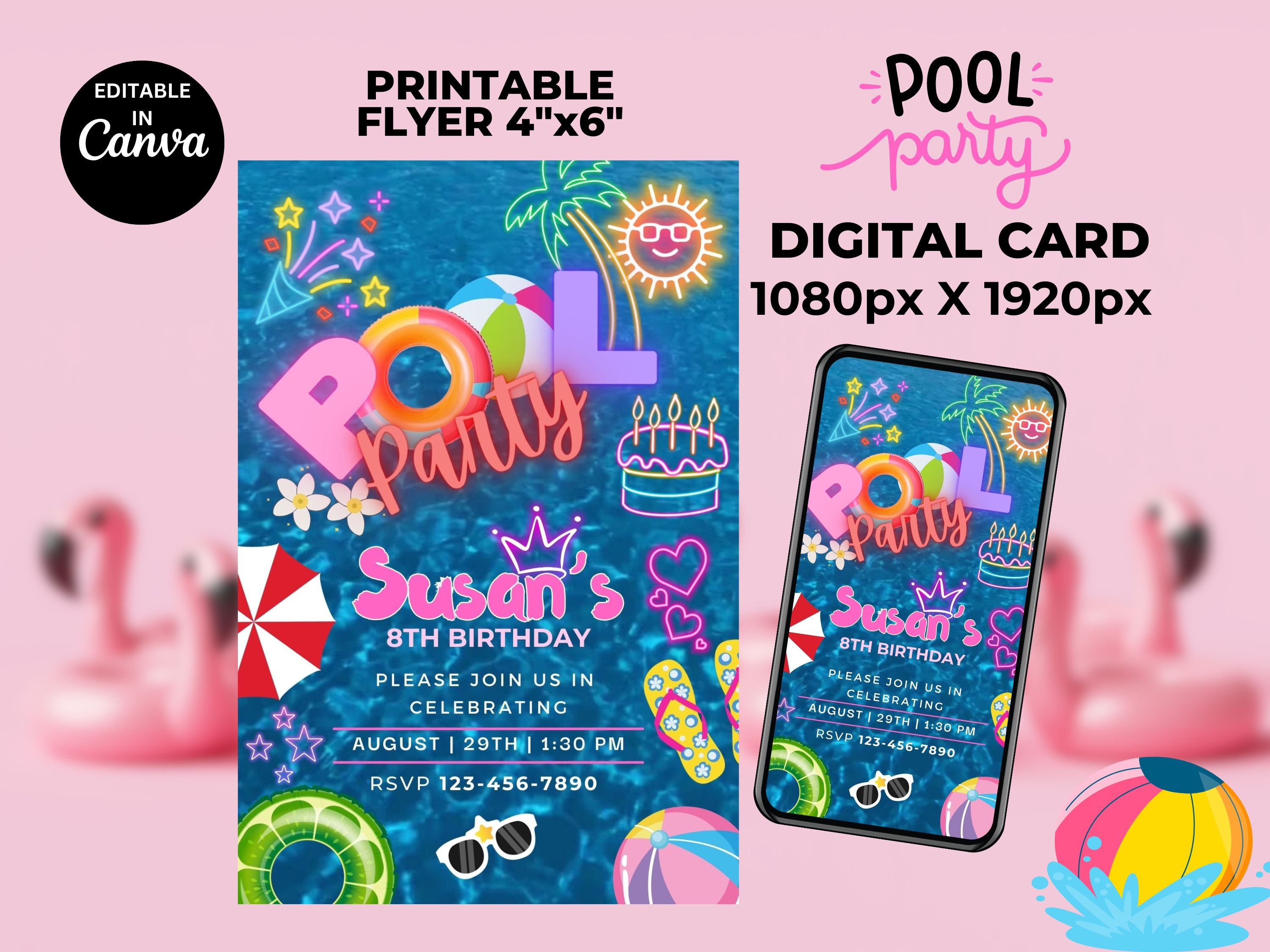 Girl Birthday Pool Party Invitation, Girl Digital Swim Invite ...
