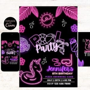 Neon Pool Party Invitation Girl, Editable Unicorn Summer Invite, Glow ...
