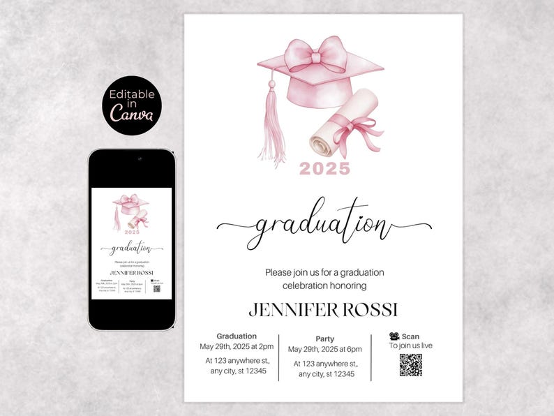 Pink Bow Graduation Invitation Digital | Editable Grad Template ...