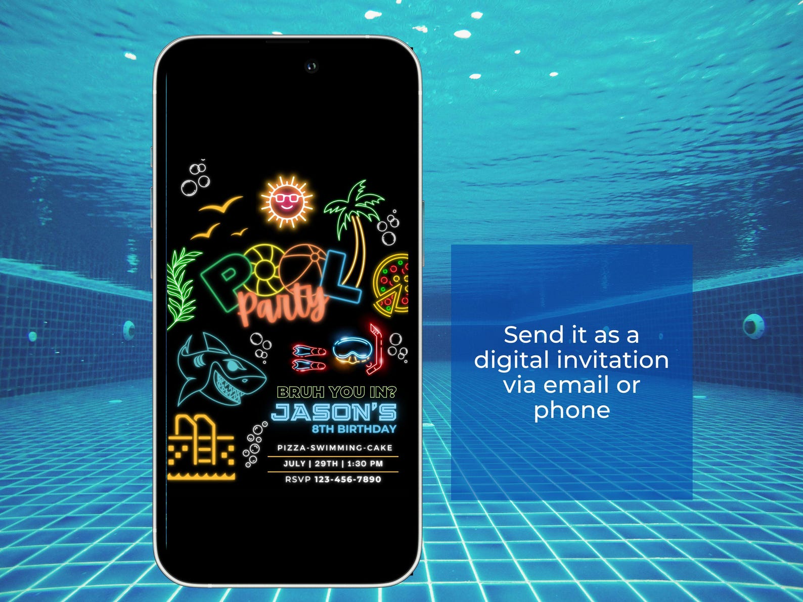 Neon Boy Pool Party Invitation, Glow Birthday Invite, Summer Swim Party ...