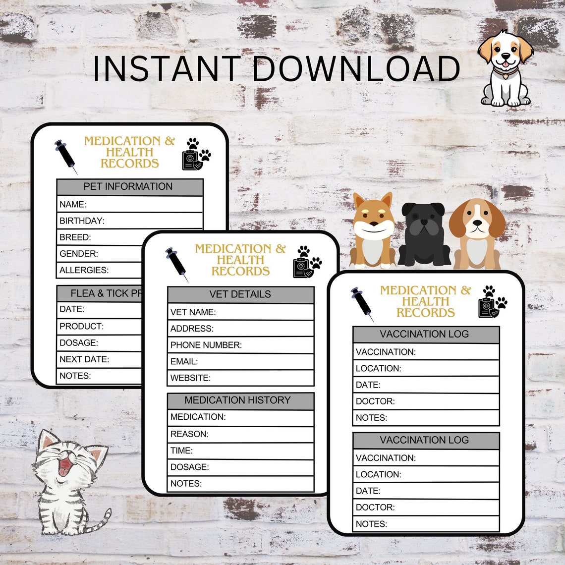 Pet Health Records Printable|pet Medication Tracker|dog or Cat ...