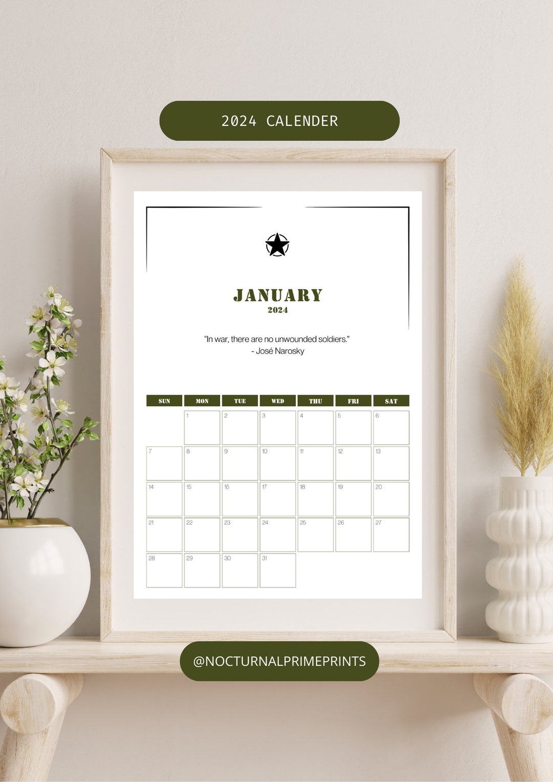 2024 Printable Wall Calender & Planner, Portrait Oriantation, Army ...