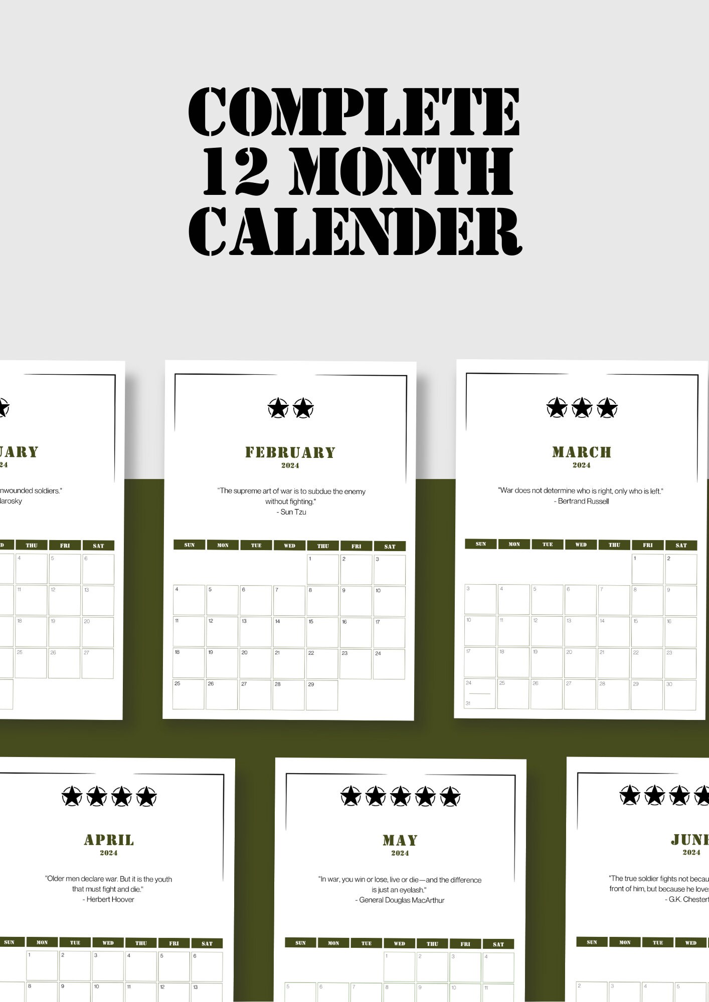 2024 Printable Wall Calender & Planner, Portrait Oriantation, Army ...