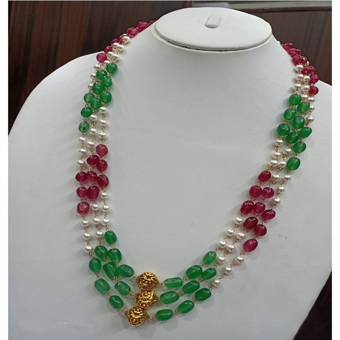 Multi Three Layered String Mala, Kundan, Baruk Pearl, Tumble and Beads ...