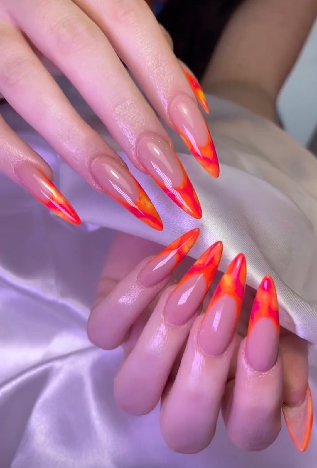 Pointy Almond Press on Nail Set With Neon Pink Orange Marble French Tip ...