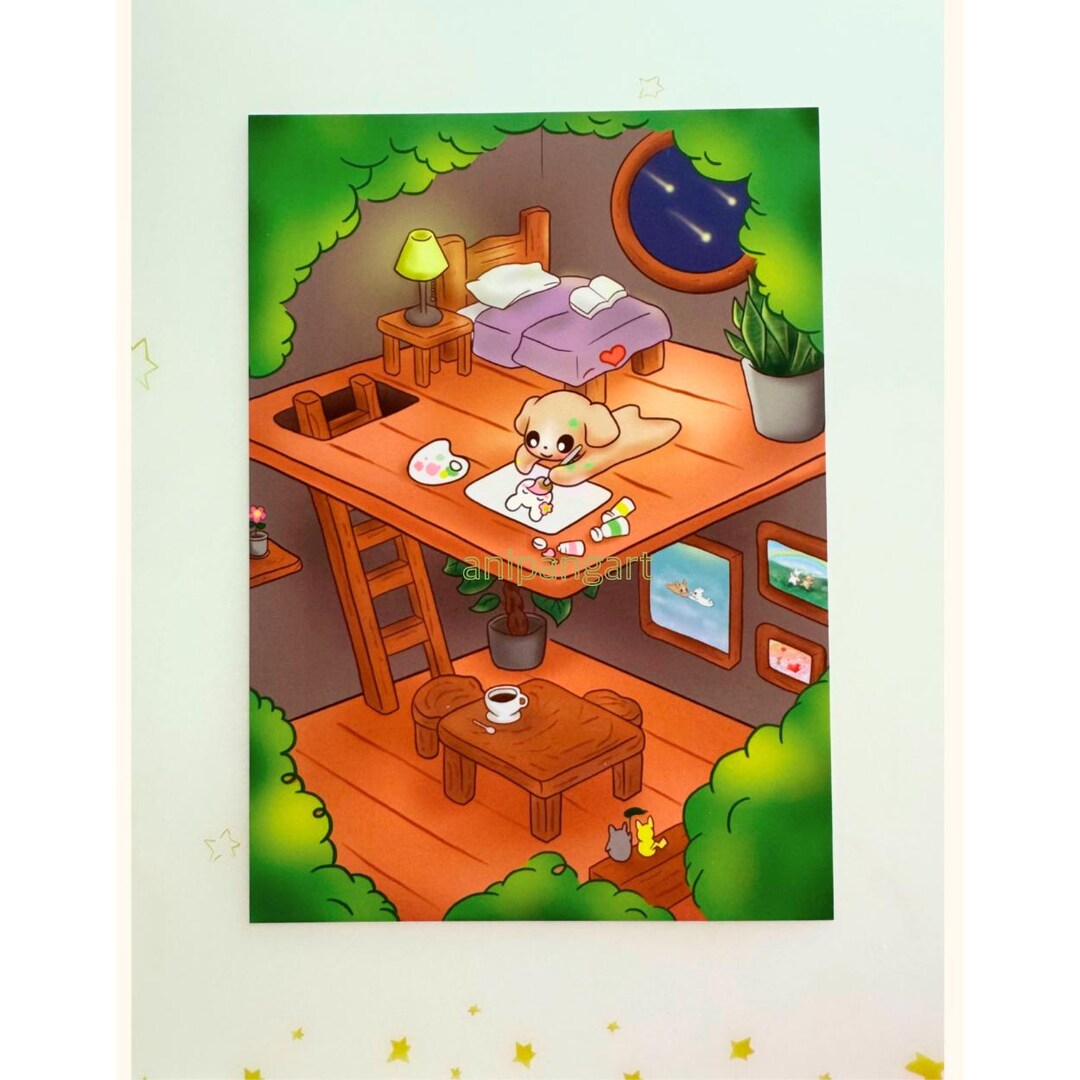 Dog in Cozy Treehouse Cute Art Print | Kawaii Room Decor | Wall Poster ...