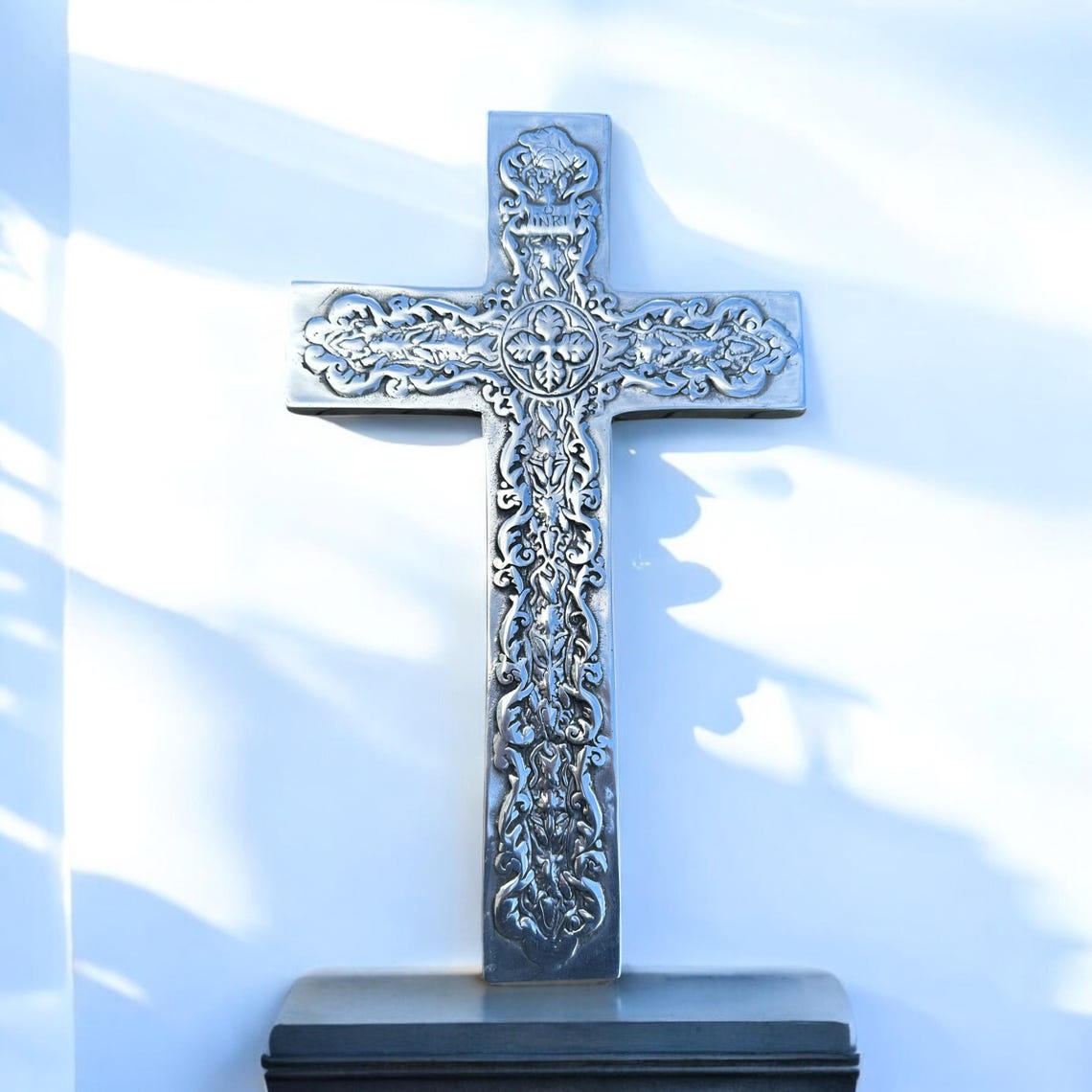 16" Large Solid Pewter Wall Cross | Mexican Wall Cross | Silver Wall ...