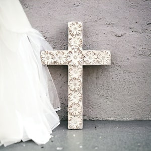 Flower Wall Cross Whitewash Catholic Decor White Wall Cross, Floral ...