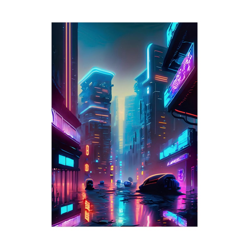 Futuristic Cyberpunk Cityscape - Neon Nighttime Art Print - High ...