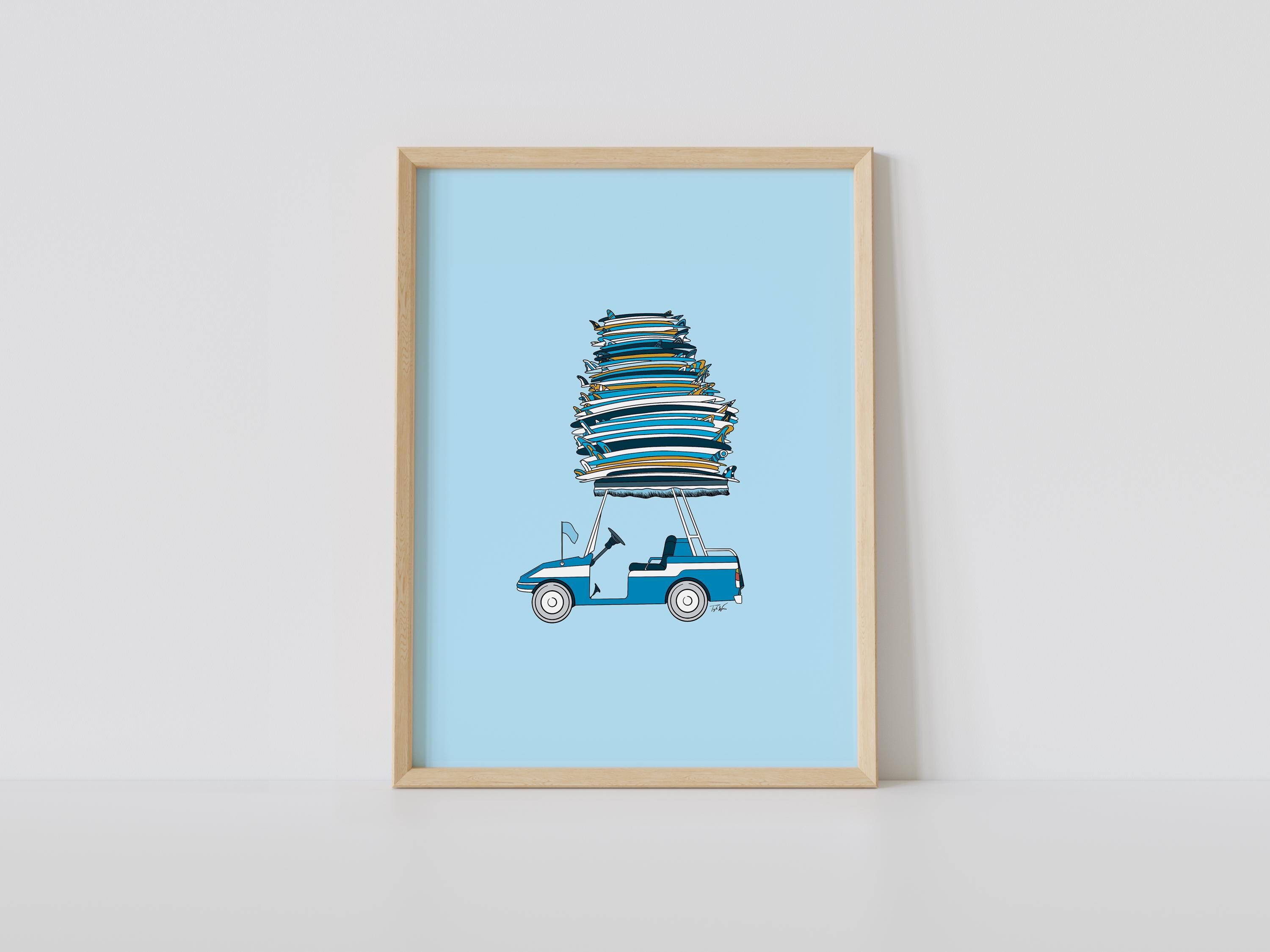 Printable Surf Art Golf Cart With Surfboards Fun Beach Decor for Surf ...