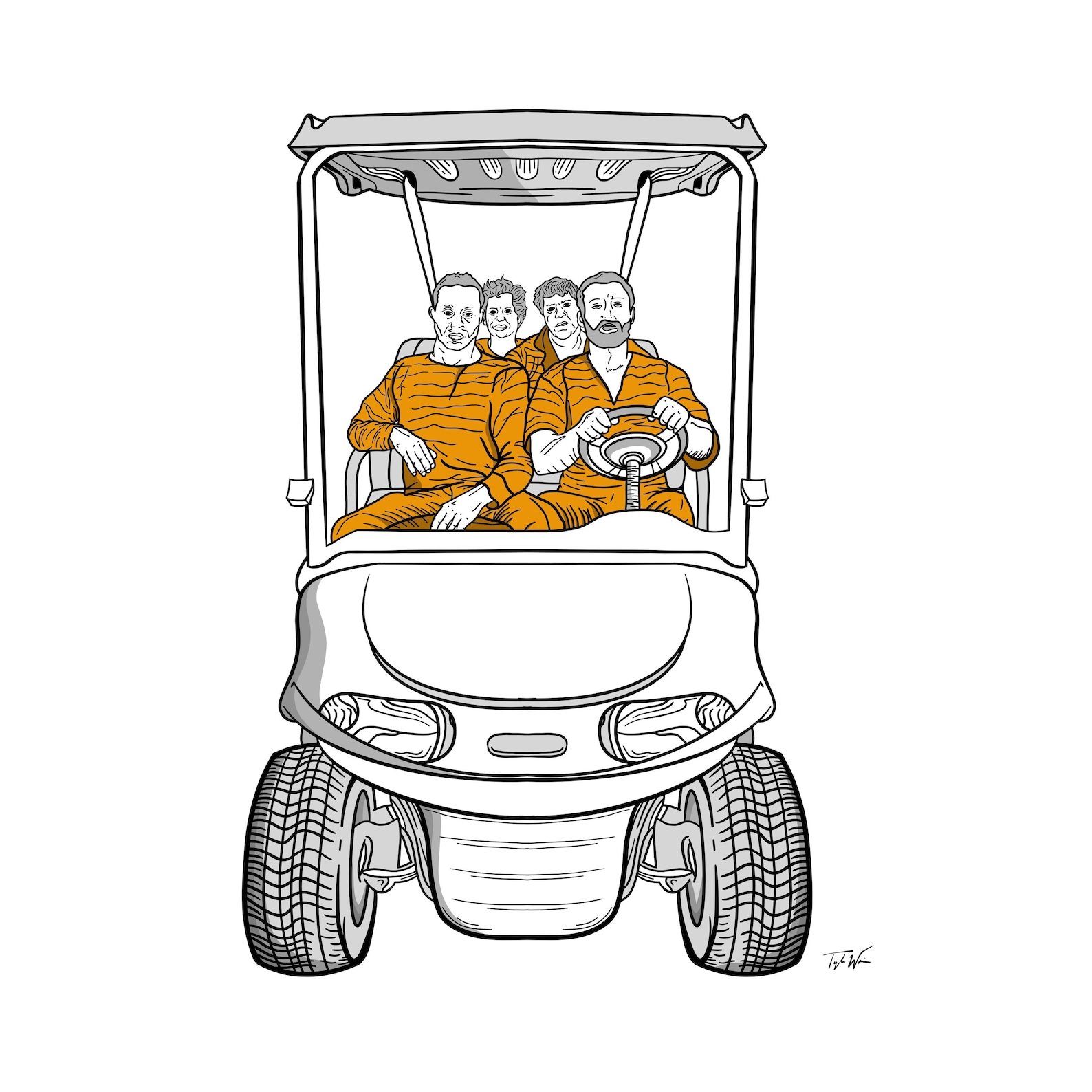 Printable Golf Art | Golf Cart With Convicts, Tiger Woods Scheffler ...