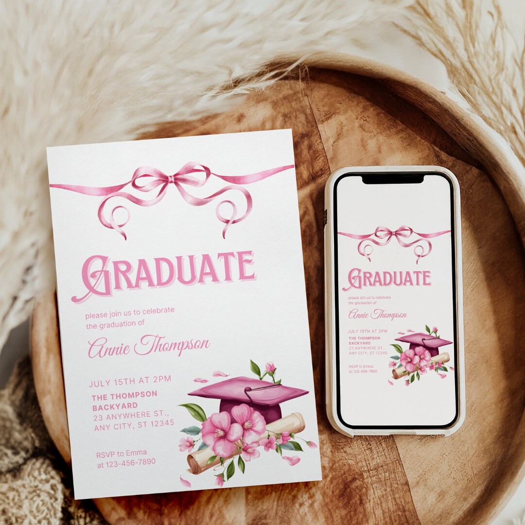 Pink Bow Graduation Invitation, Pink Graduation Invitation , Coquette ...