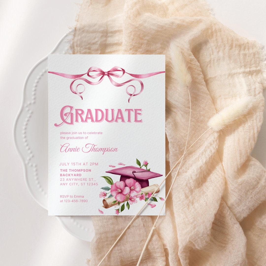 Pink Bow Graduation Invitation, Pink Graduation Invitation , Coquette ...