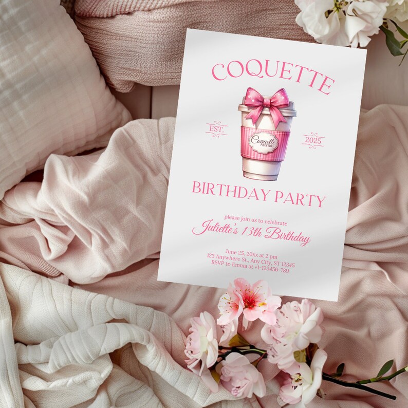 Editable Pink Bow Coquette Birthday Invite , Editable Coquette Birthday ...