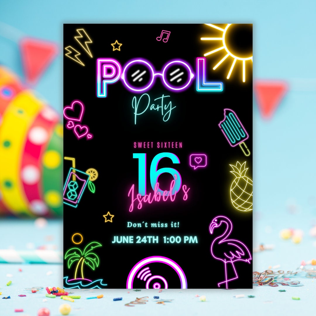 Editable Pool Party Invitation, Pool Party Birthday, Glow Neon Invite ...