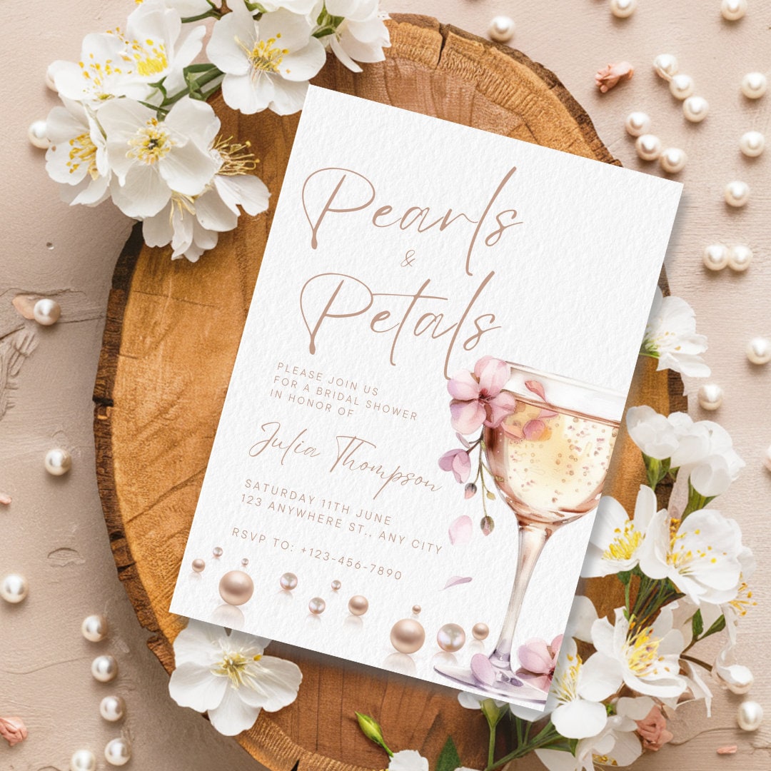 Petals and Pearls Bridal Shower Invitation, Pearls and Prosecco Bridal ...