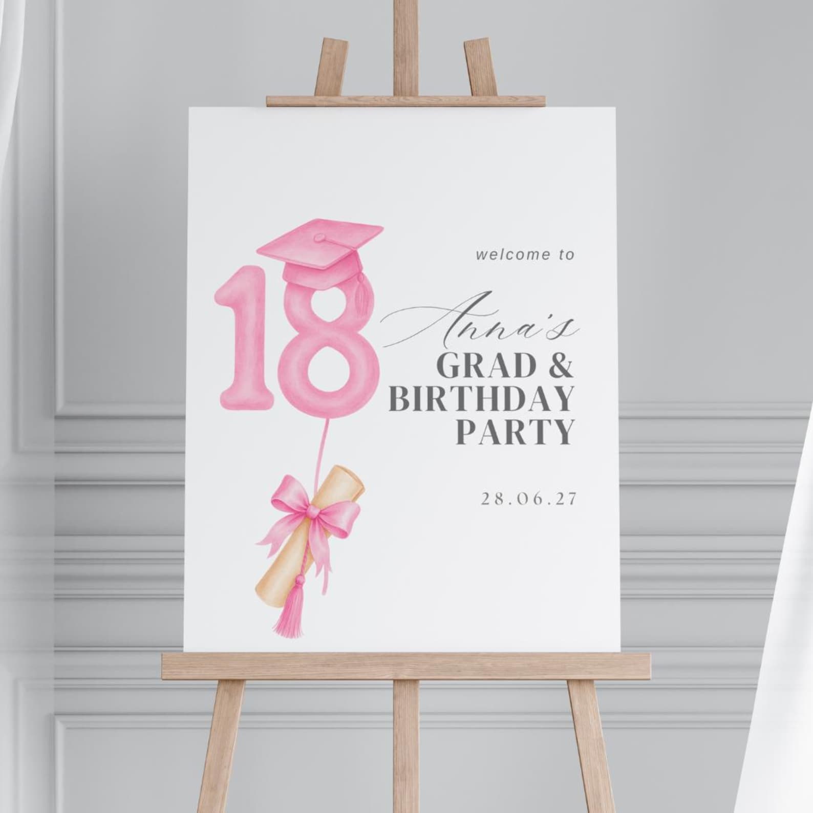 Graduation and 18th Birthday Welcome Sign, Coquette Bow Pink Hat Grad ...