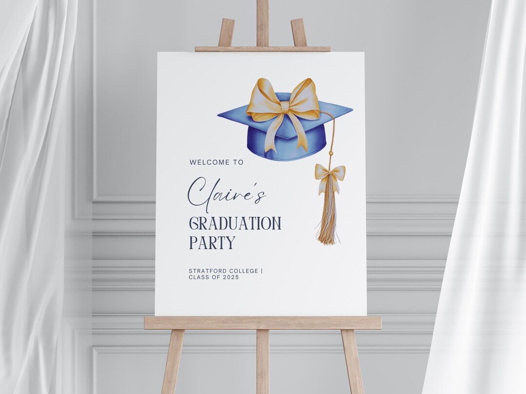 Editable Navy Blue Graduation Cap Welcome Sign | Gold Glitter Bow ...