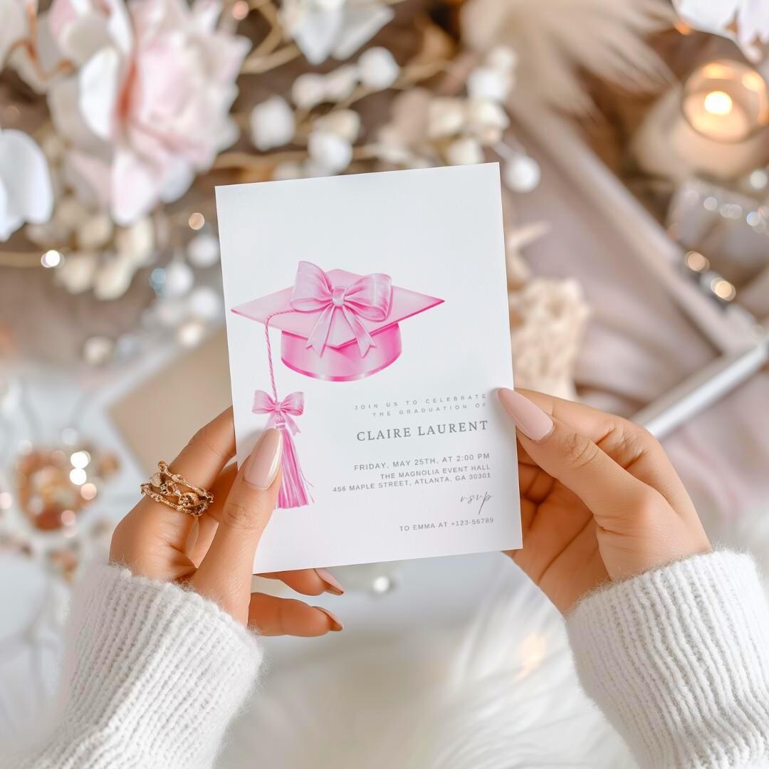 Editable Graduation Party Invitation Template, Coquette Bow Pink ...