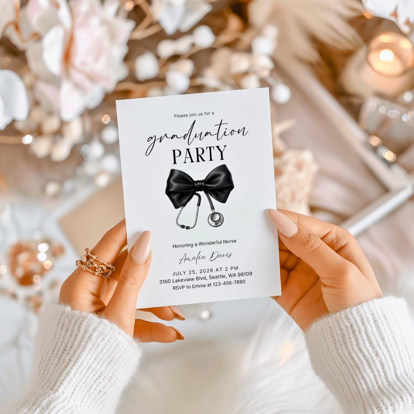 Editable Nurse Graduation Party Invite, Black Bow RN Grad Announcement ...