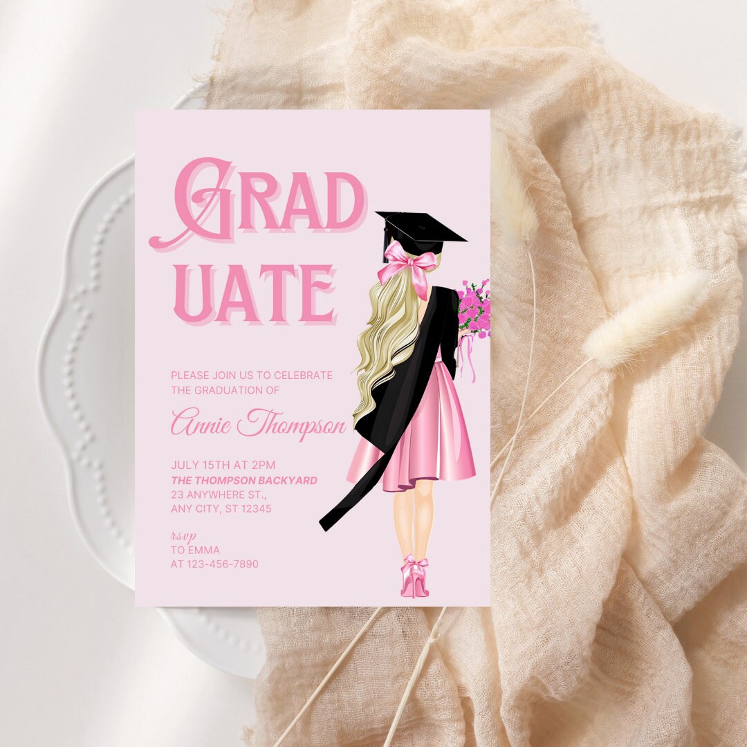 Pink Bow Graduation Invitation, Blonde Girl Coquette Bow Pink ...