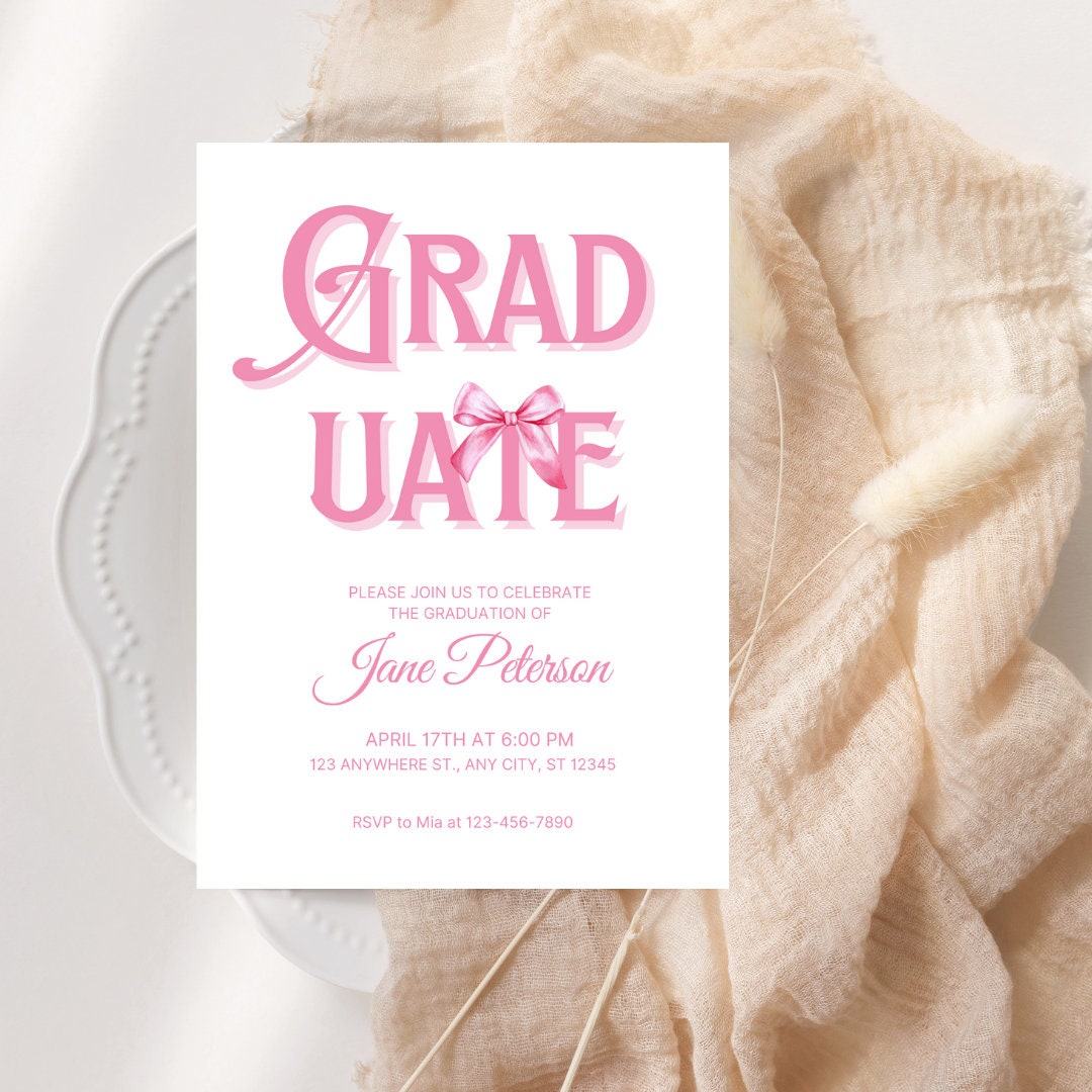 Pink Bow Graduation Invitation, Coquette Bow Pink Graduation Invitation ...