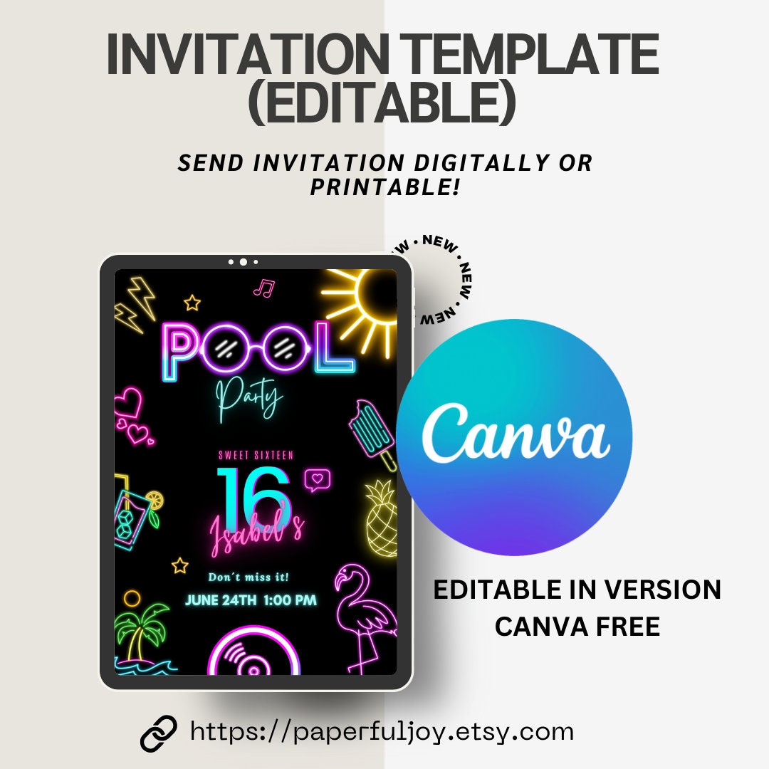 Editable Pool Party Invitation, Pool Party Birthday, Glow Neon Invite ...