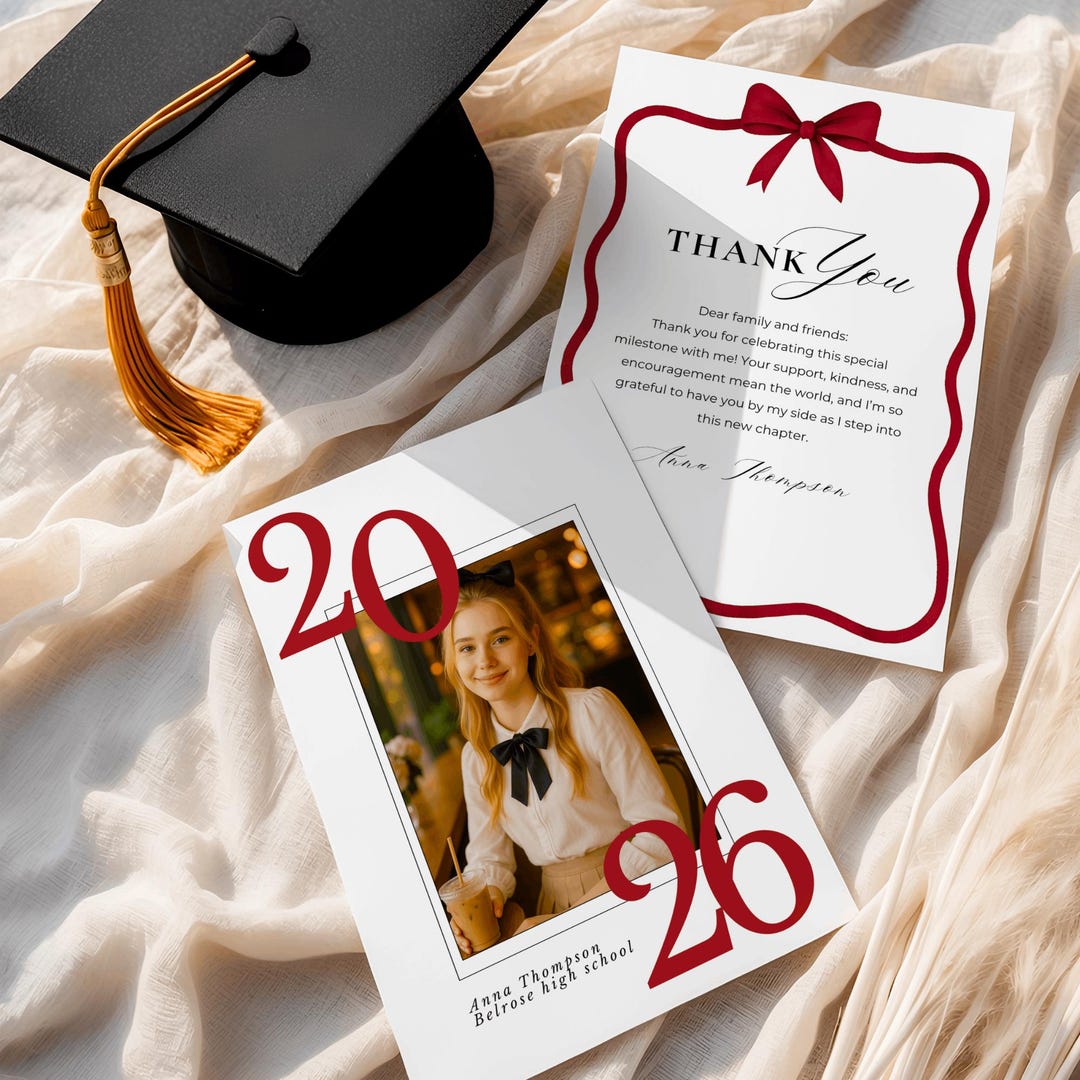 Editable Graduation Photo Thank You Card, Coquette Burgundy Bow Note ...