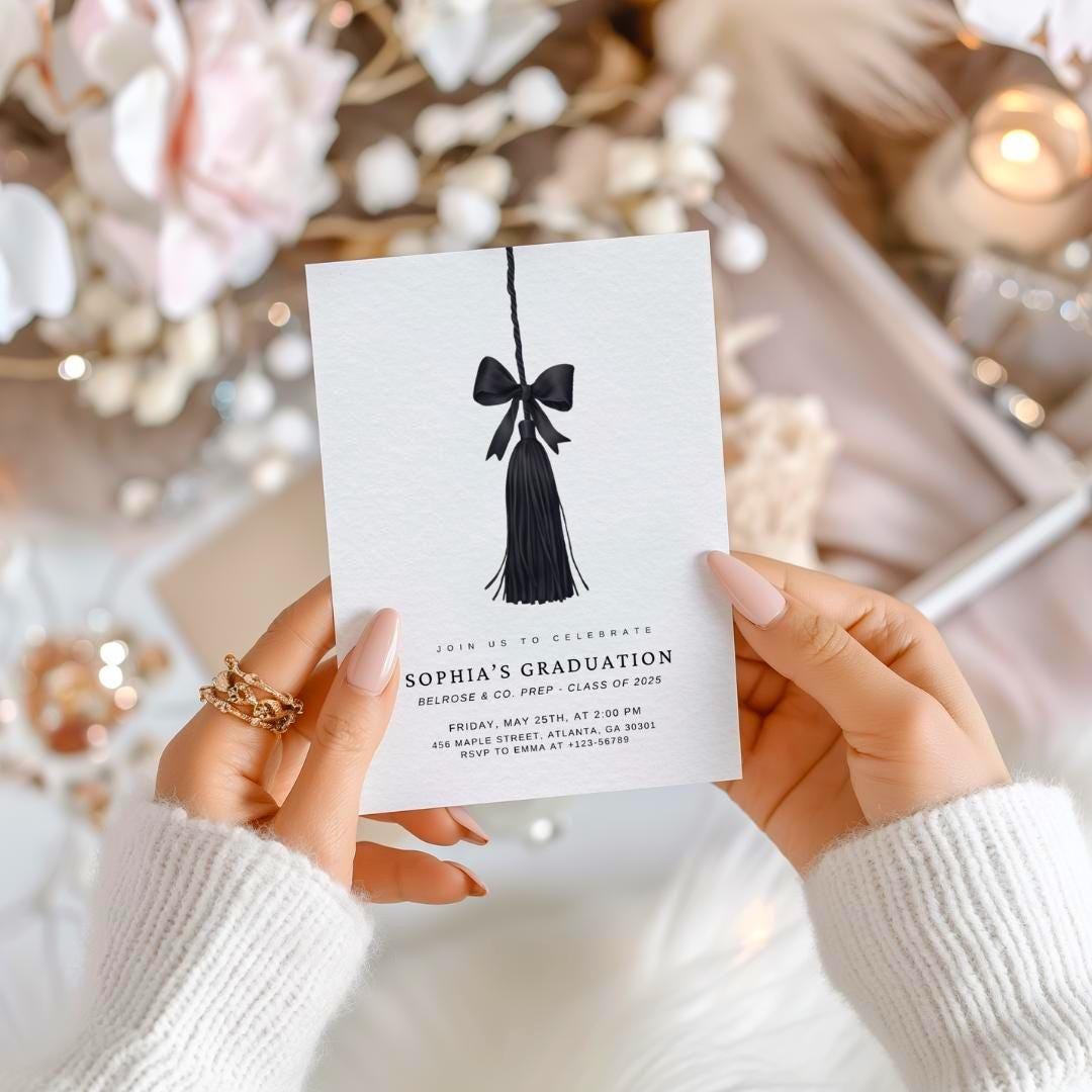 Editable Coquette Black Bow Graduation Invitation Template, Black Bow ...
