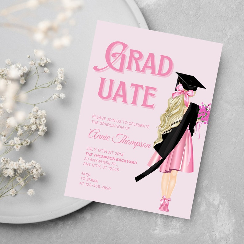 Pink Bow Graduation Invitation, Blonde Girl Coquette Bow Pink ...