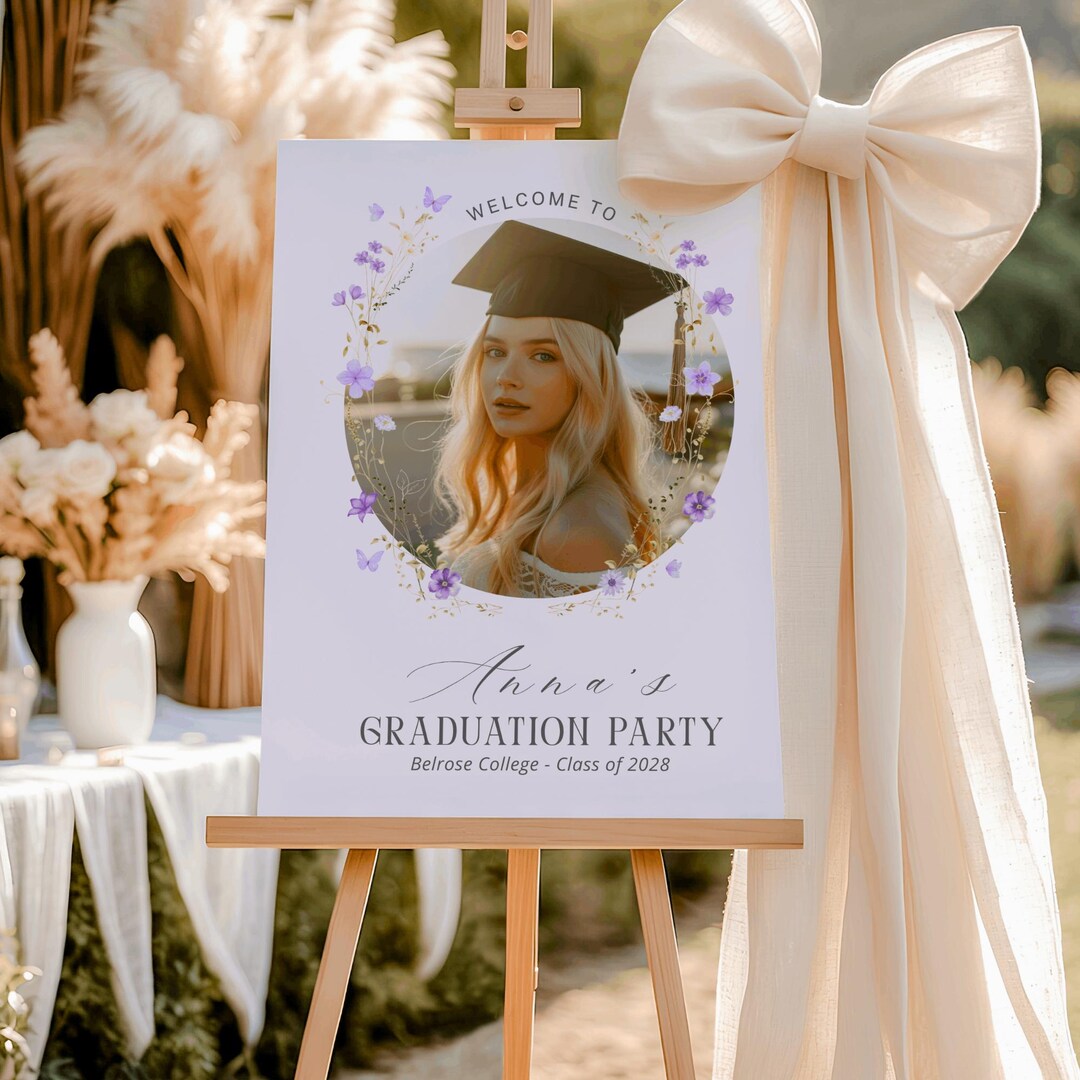 Purple Wildflower Graduation Photo Welcome Sign Template, Editable ...