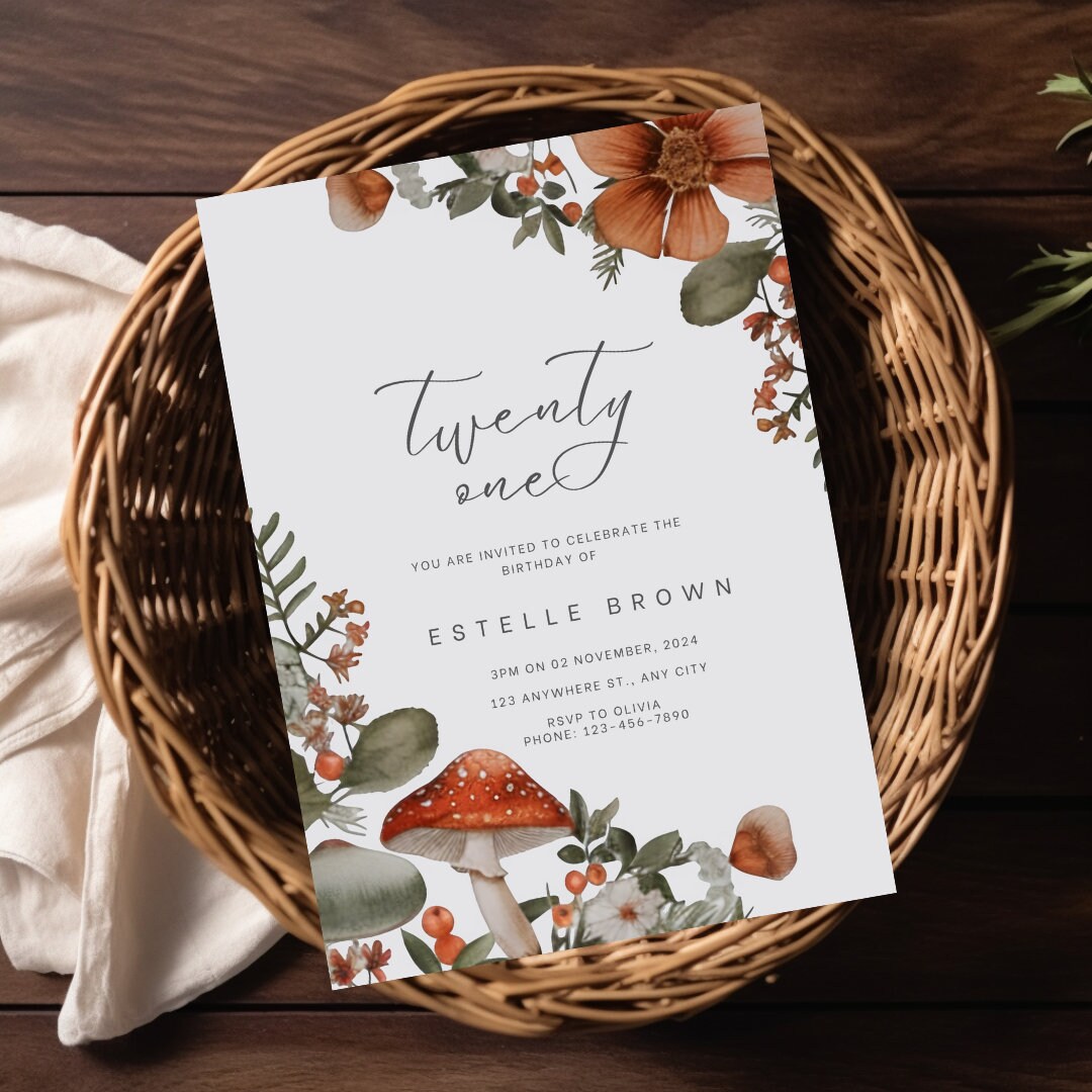 Wildflower Mushroom Birthday Invitation Template, Forest Woodland ...