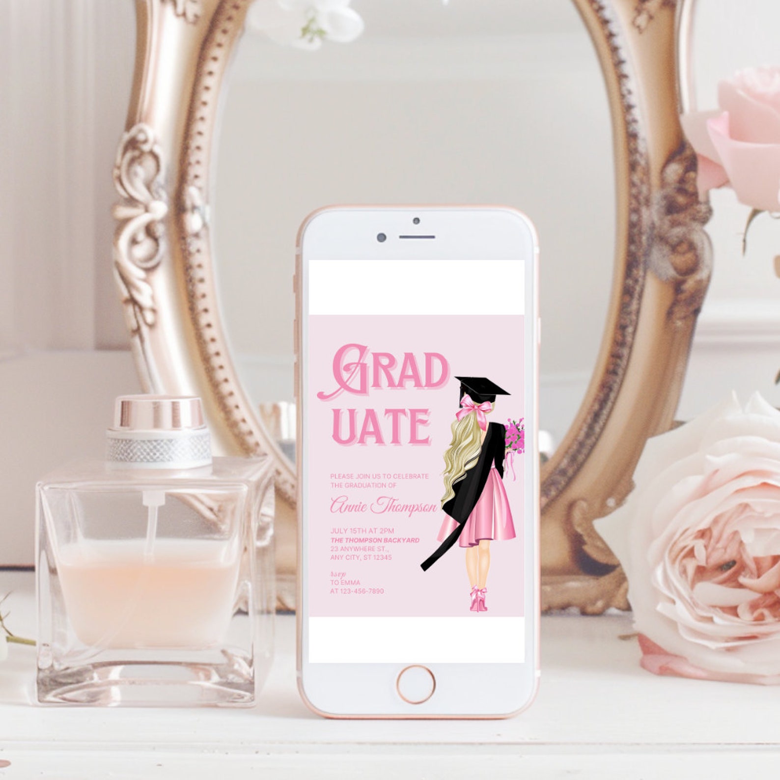 Pink Bow Graduation Invitation, Blonde Girl Coquette Bow Pink ...