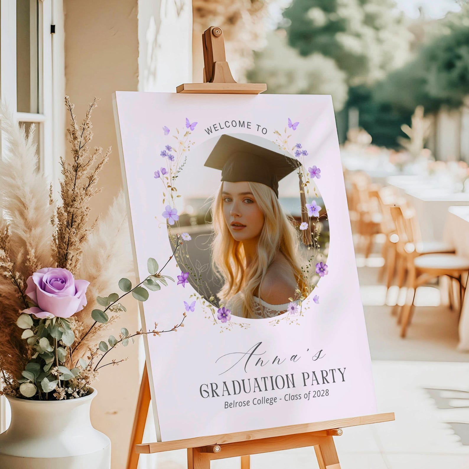 Purple Wildflower Graduation Photo Welcome Sign Template, Editable ...