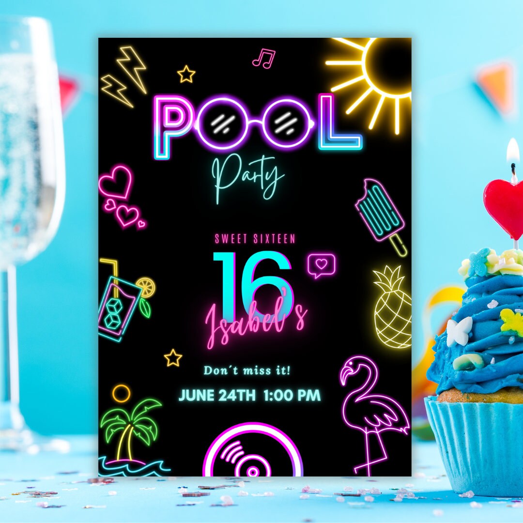Editable Pool Party Invitation, Pool Party Birthday, Glow Neon Invite ...