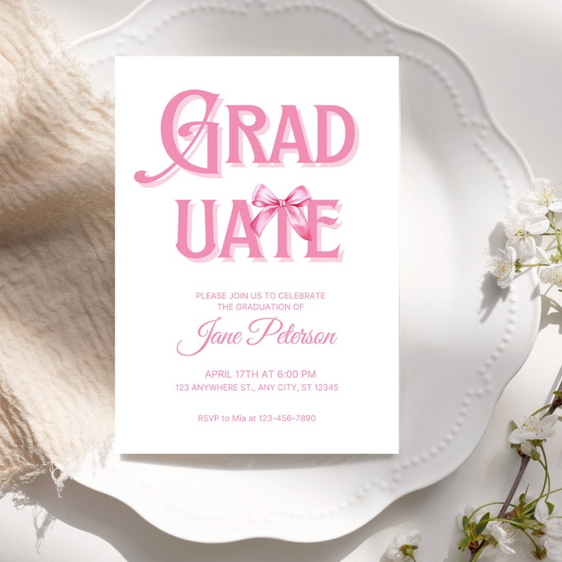 Pink Bow Graduation Invitation, Coquette Bow Pink Graduation Invitation ...