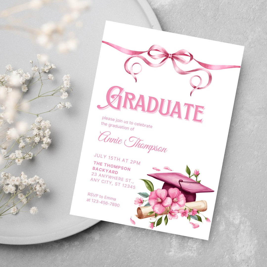 Pink Bow Graduation Invitation, Pink Graduation Invitation , Coquette ...