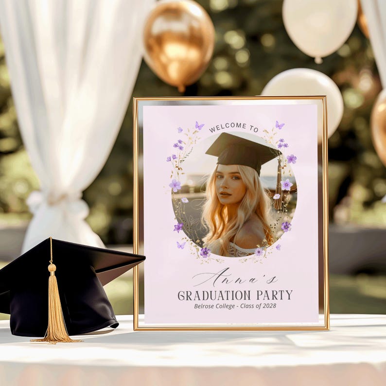 Purple Wildflower Graduation Photo Welcome Sign Template, Editable ...