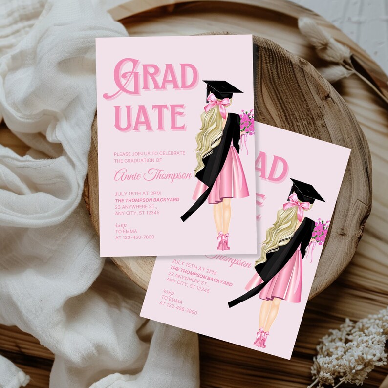 Pink Bow Graduation Invitation, Blonde Girl Coquette Bow Pink ...