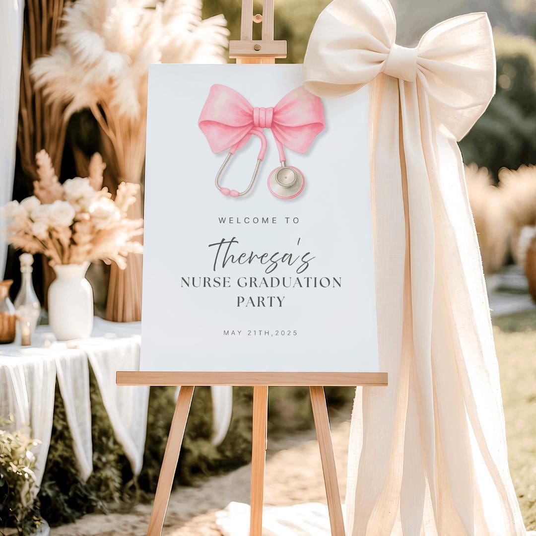 Editable Nurse Graduation Party Welcome Sign, Pink Bow Nurse Graduation ...