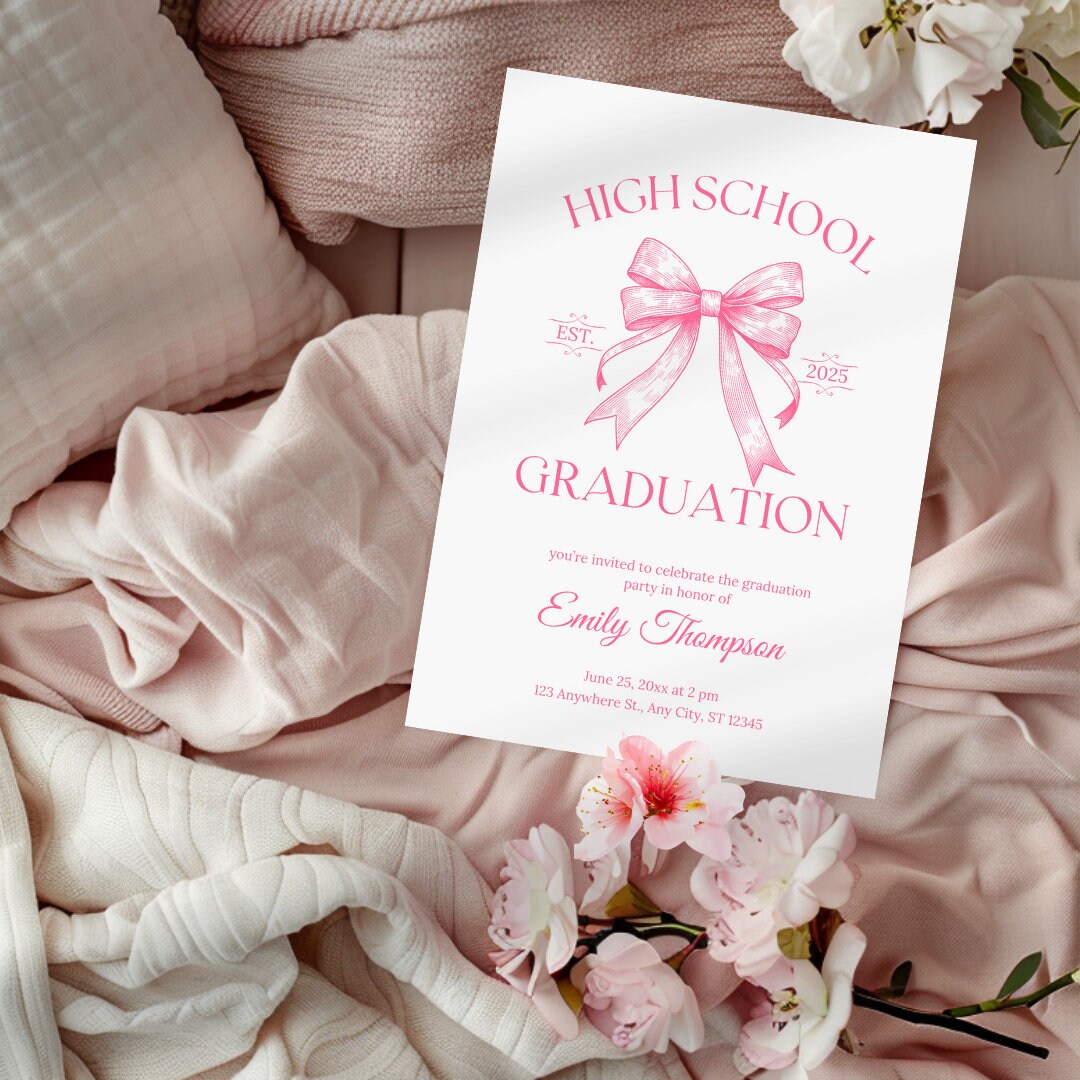 Pink Bow Graduation Invitation, Coquette Bow Pink Graduation Invitation ...