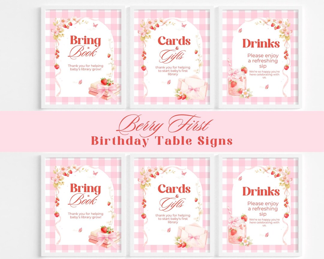 Berry First Birthday Table Signs, Editable Strawberry Party Decor ...