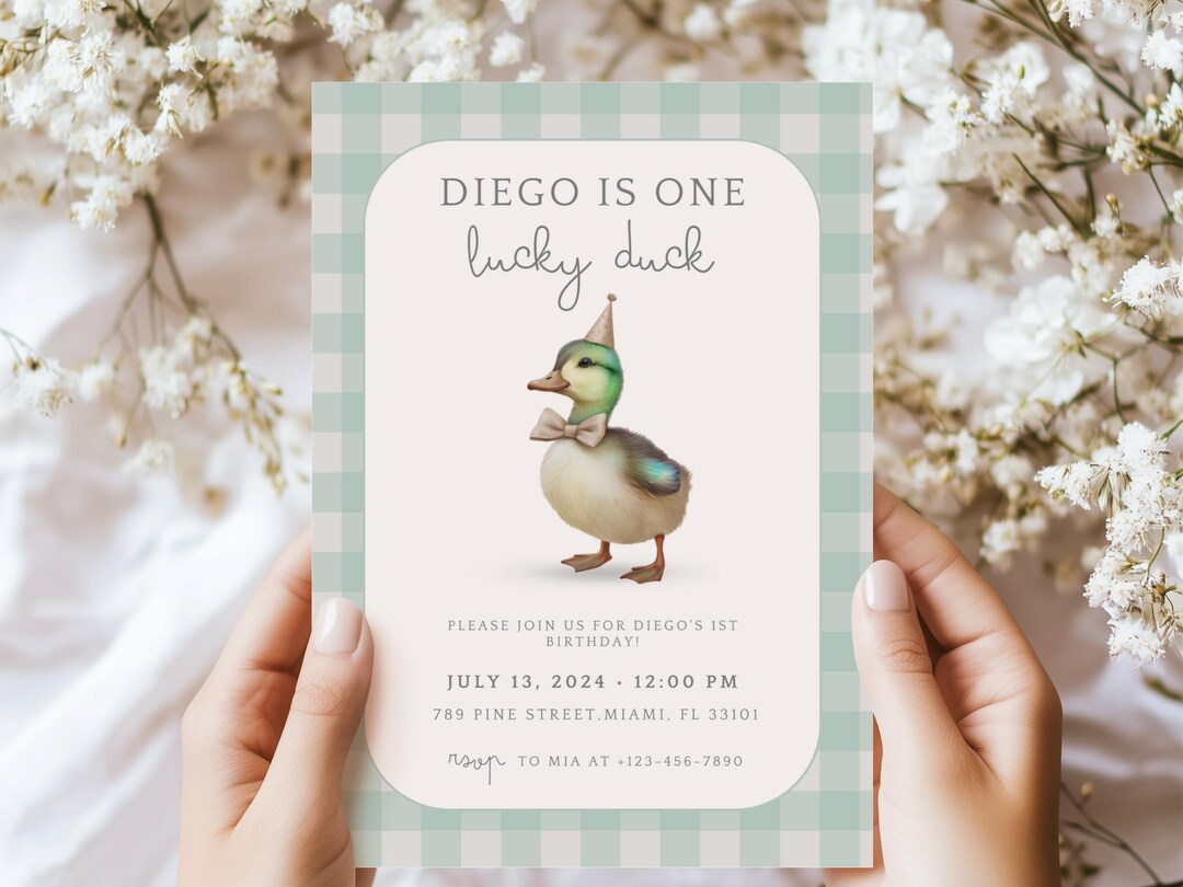 Editable One Lucky Duck Birthday Invitation Template, Mallard Duck ...