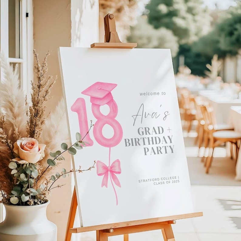 Graduation and 18th Birthday Welcome Sign Editable Coquette Bow Pink ...